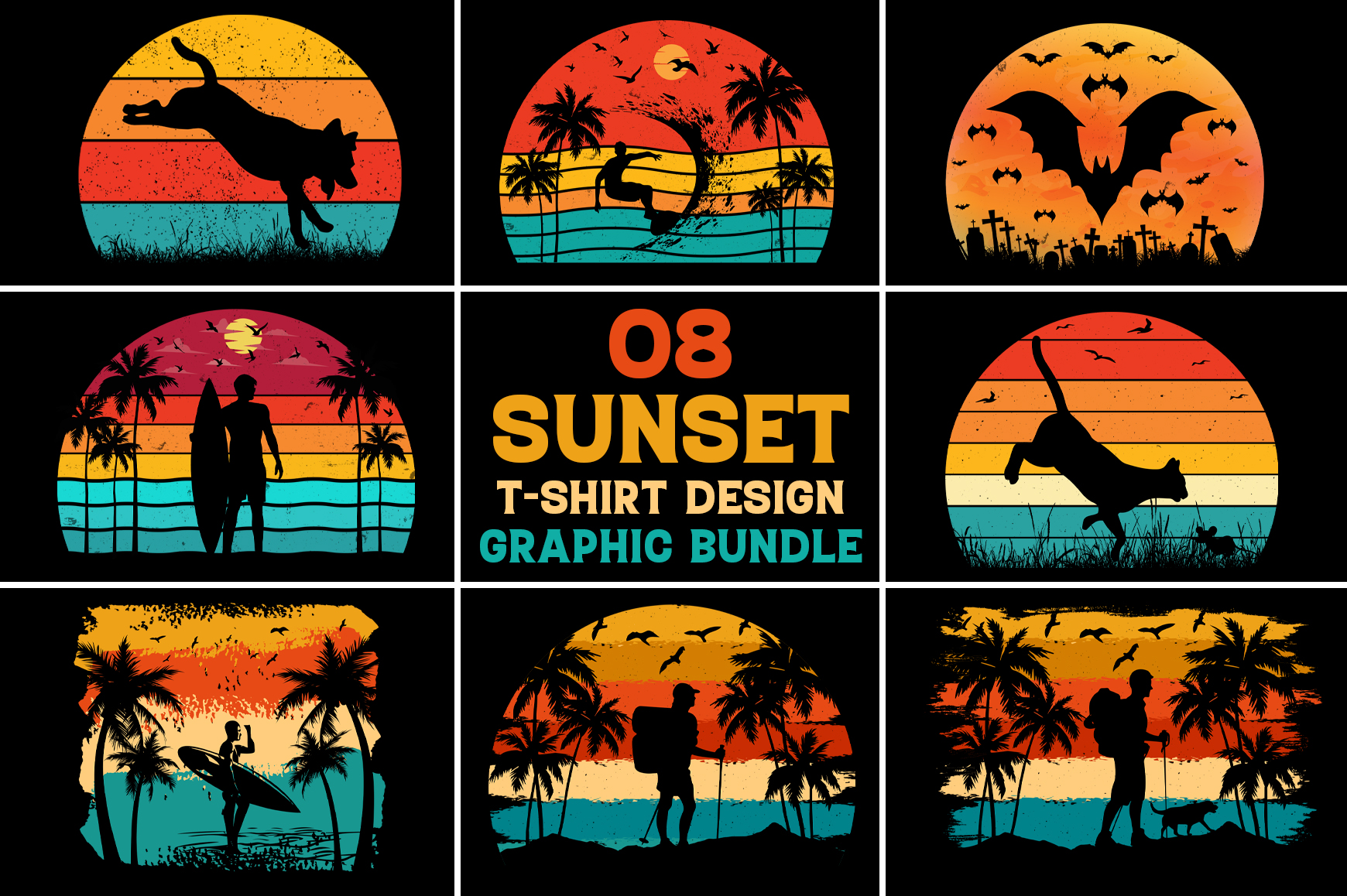 Sunset Retro Vintage T Shirt Design Graphic Vector Background Bundle