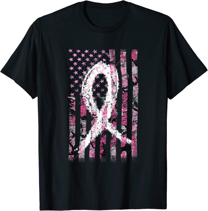 Breast Cancer Awareness Survivor Camo Pink Flag White Ribbon T Shirt