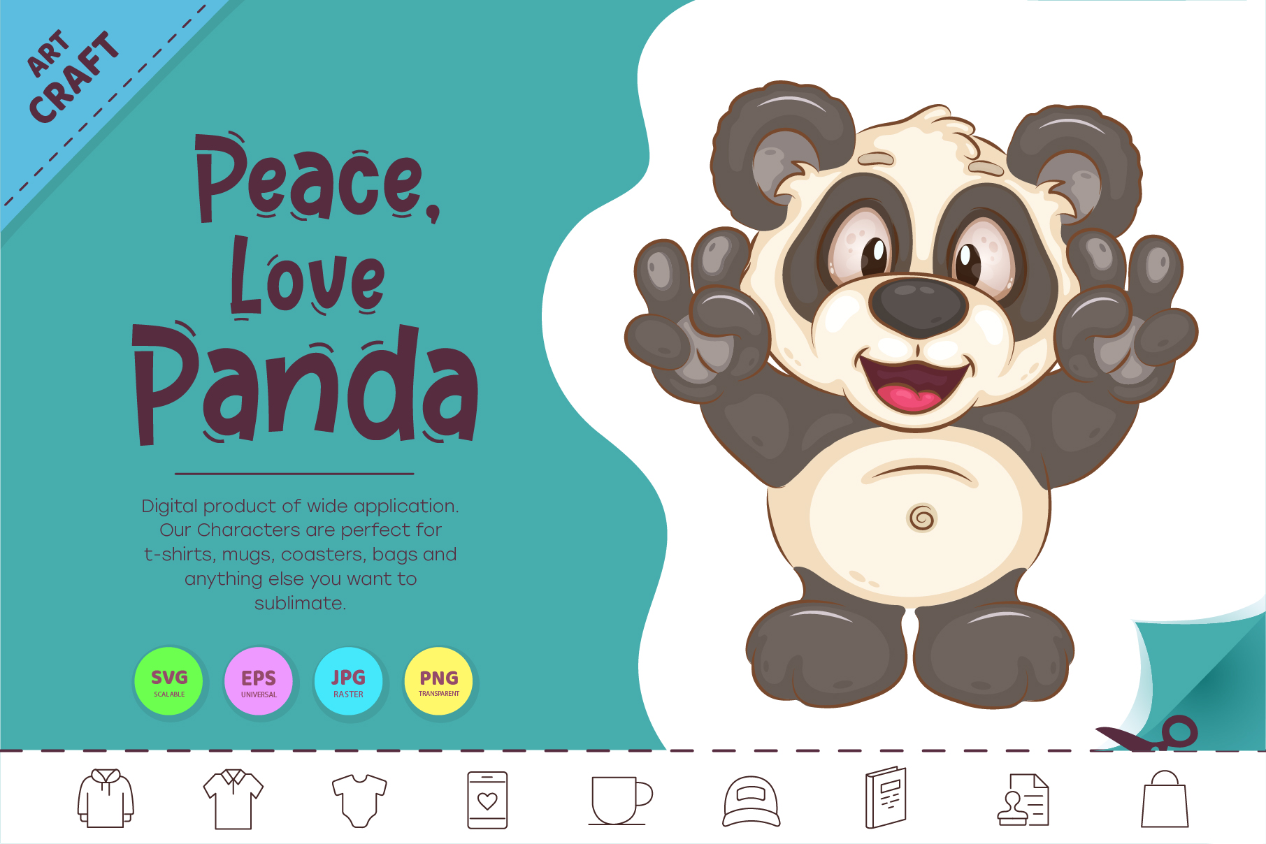 Cartoon Panda Peace, Love. Clipart. - Buy t-shirt designs