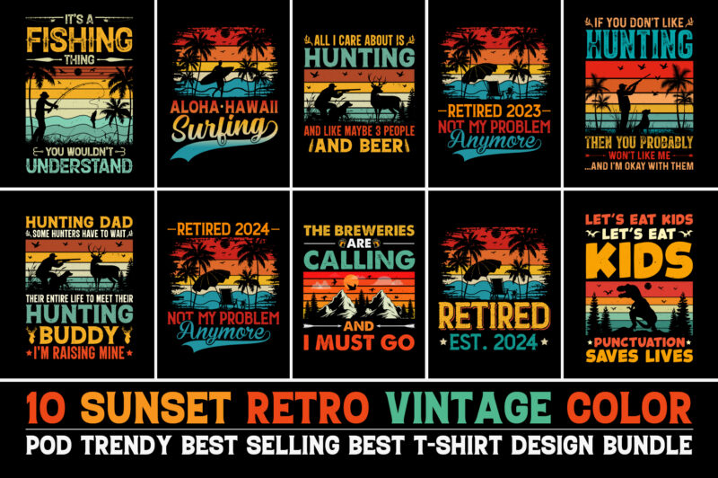90 Retro Vintage Sunset T Shirt Design Bundle Retro Tshirt Design